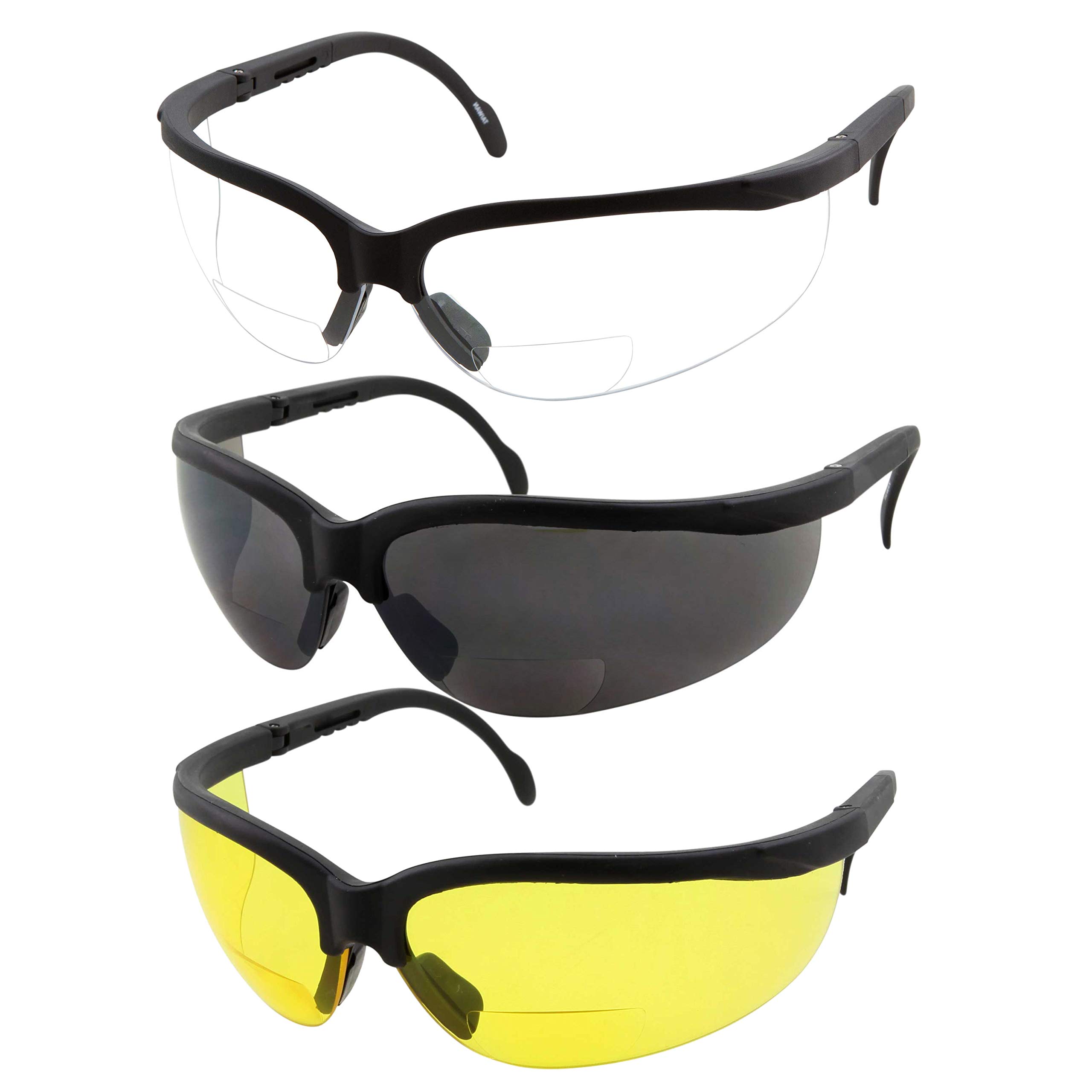 grinderPUNCH 3 Pairs Combo Bifocal Safety Reading Glasses - Assorted Colors Clear Black Yellow Lens - With Side Cover (Diopter +2.50)