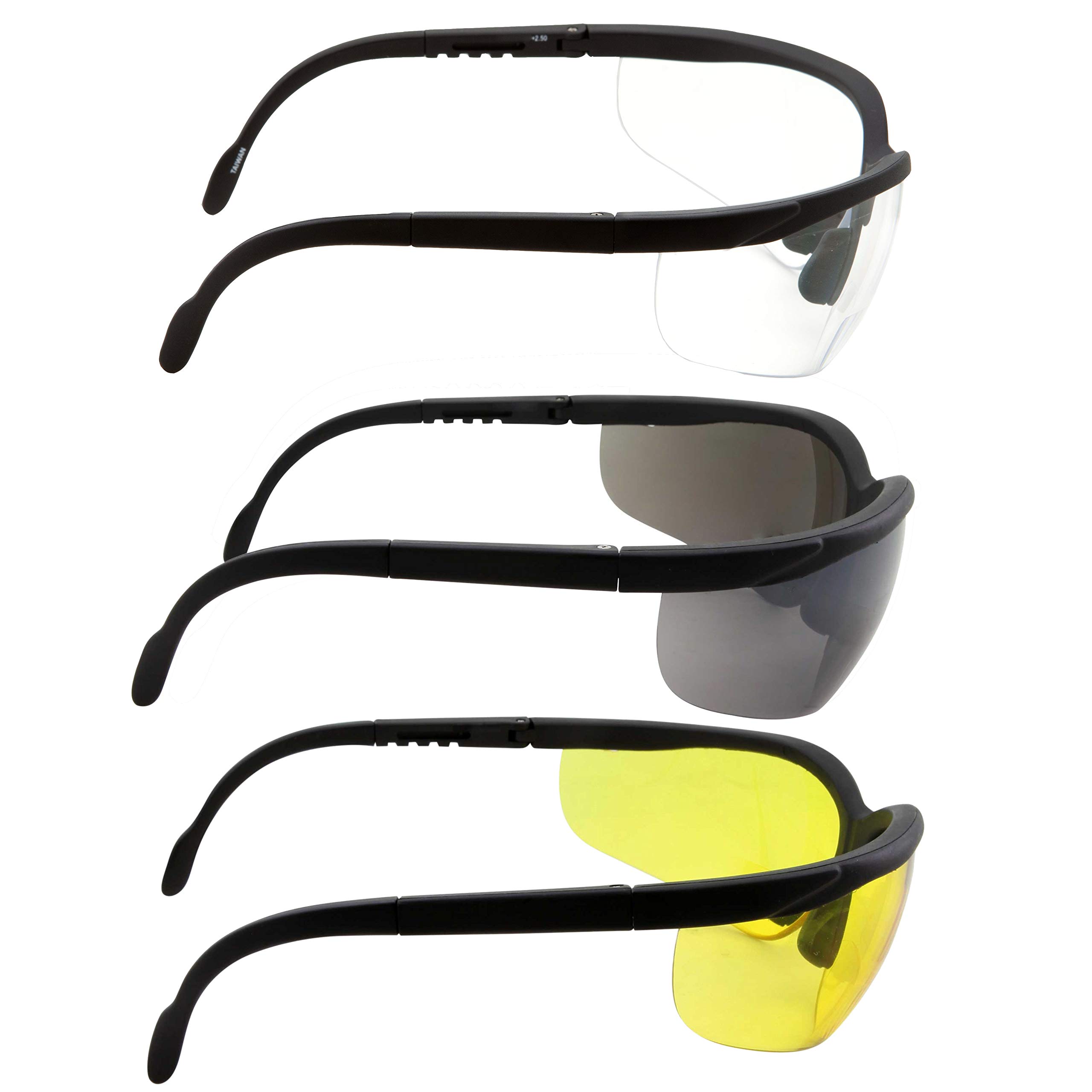 grinderPUNCH 3 Pairs Combo Bifocal Safety Reading Glasses - Assorted Colors Clear Black Yellow Lens - With Side Cover (Diopter +2.50)