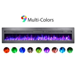 GMHome 60 Inches Wall Recessed Electric Fireplace 9 Changeable Color Realistic Crystal Stone Flame Heater, with Remote, 1500W, Metal Panel - Black