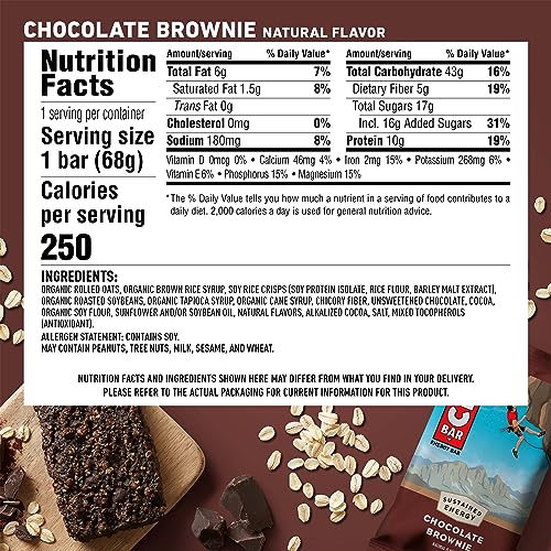 Clif Bar - Chocolate Brownie Flavor - Made with Organic Oats - 10g Protein - Non-GMO - Plant Based - Energy Bars - 2.4 oz. (18 Pack)