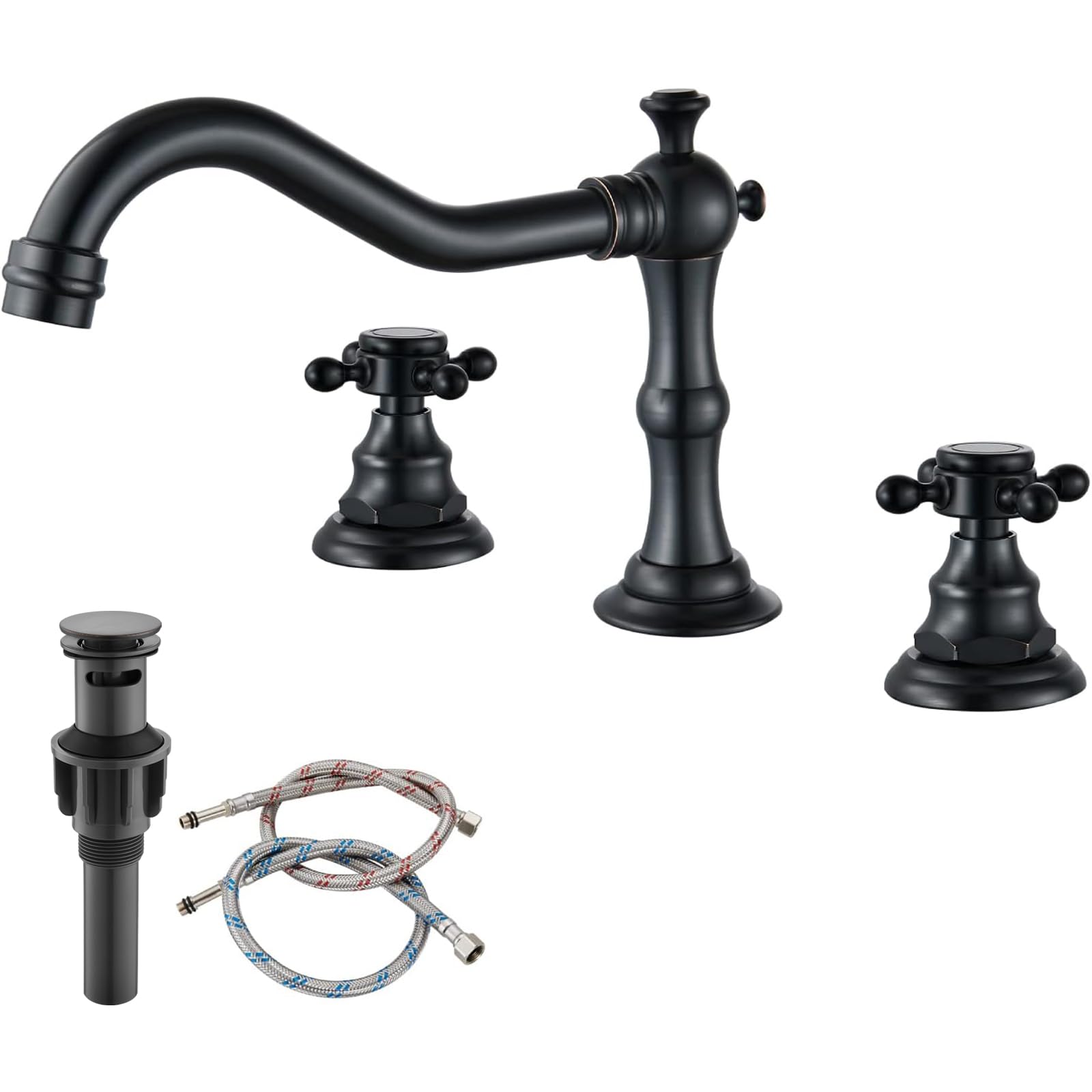 gotonovo 3-Hole Widespread Bathroom Faucet Double Cross Handle Mixer Tap for Bathroom Sink Deck Mount Hot Cold Water Matching Pop Up Drain with Overflow Oil Rubbed Bronze Victorian Spout