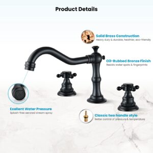 gotonovo 3-Hole Widespread Bathroom Faucet Double Cross Handle Mixer Tap for Bathroom Sink Deck Mount Hot Cold Water Matching Pop Up Drain with Overflow Oil Rubbed Bronze Victorian Spout