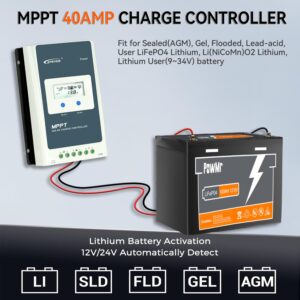 EPEVER 40amp MPPT Solar Charge Controller 12V/24V Auto, Negative Grounded 40A Solar Panel Charge Regulator w/ LCD Display for 12V/24V Gel Sealed Flooded and Lithium Battery