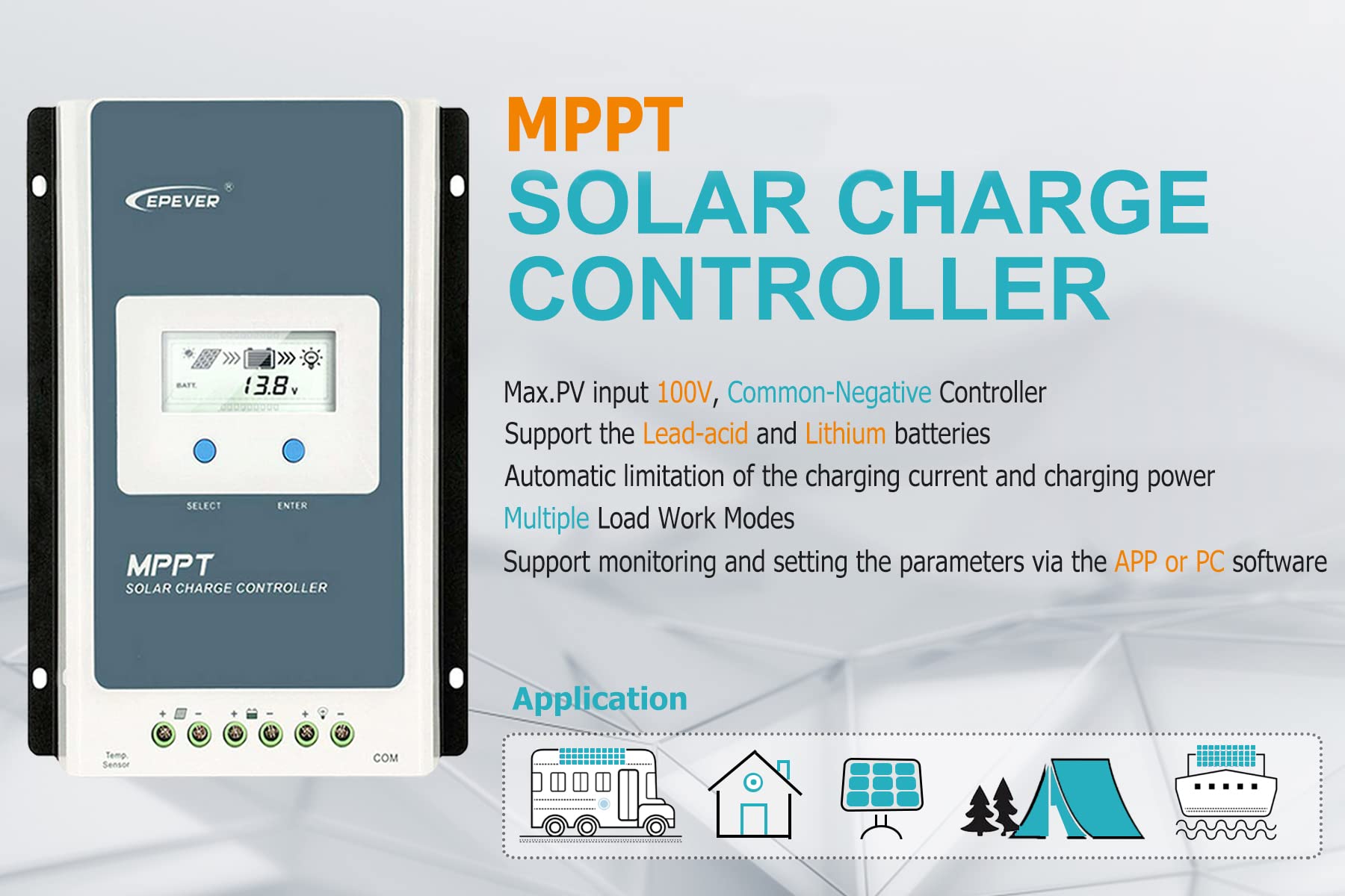 EPEVER 40amp MPPT Solar Charge Controller 12V/24V Auto, Negative Grounded 40A Solar Panel Charge Regulator w/ LCD Display for 12V/24V Gel Sealed Flooded and Lithium Battery