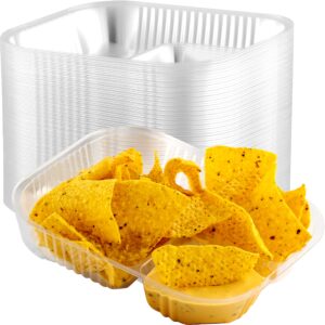 anti-spill, large 6x8 inch plastic nacho trays 25 pack. reusable 2 compartment boats great for dips, snacks, fair foods. portable nacho chip holders for school carnivals, parties, concession stands