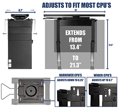 Mount-It! Under Desk CPU Mount with Adjustable Straps, Computer Tower Holder with Sliding Track and 360 Degree Swivel, 22 Lb Capacity, Black