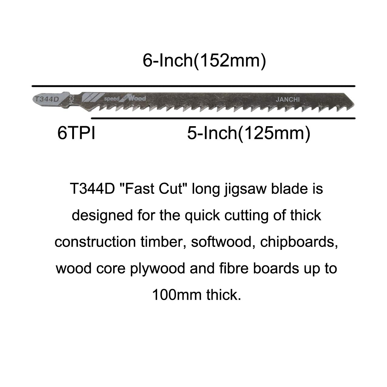 20Pack T344D Long Jigsaw Blades Set, HCS 6-Inch 6TPI T-Shank Contractor Straight-Cut Jig Saw Blade Designed for Quick Cutting Thick Construction Timber, Softwood, Chipboards, Wood Core Plywood