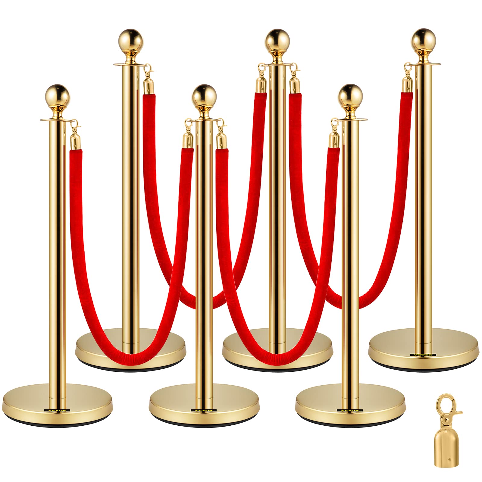 Velvet Ropes and Posts 6 Pcs, 5 ft Red Velvet Rope, Stanchion Post with Ball Top, Crowd Control Barriers Gold Stanchions, Red Carpet Poles, Crowd Control Ropes and Poles for Party Museums