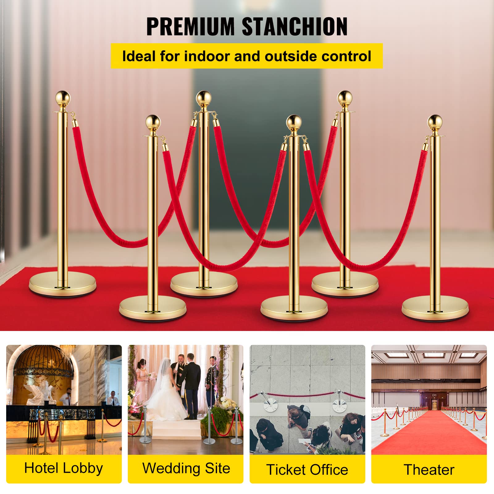 Velvet Ropes and Posts 6 Pcs, 5 ft Red Velvet Rope, Stanchion Post with Ball Top, Crowd Control Barriers Gold Stanchions, Red Carpet Poles, Crowd Control Ropes and Poles for Party Museums