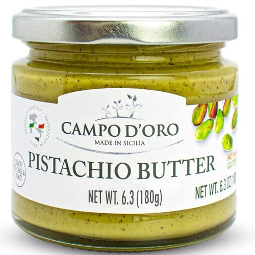 Pistachio Nut Butter, 6.35 oz (180g), Sweet Sicilian Pistachio Cream Spread, Spreadable, Pistachios from Sicily, Italy, No Palm Oil, Campo D'Oro