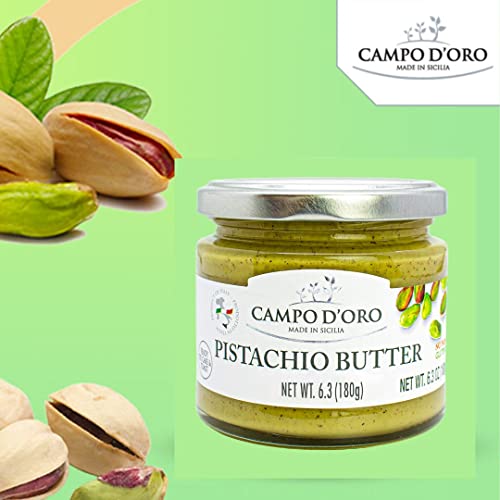 Pistachio Nut Butter, 6.35 oz (180g), Sweet Sicilian Pistachio Cream Spread, Spreadable, Pistachios from Sicily, Italy, No Palm Oil, Campo D'Oro