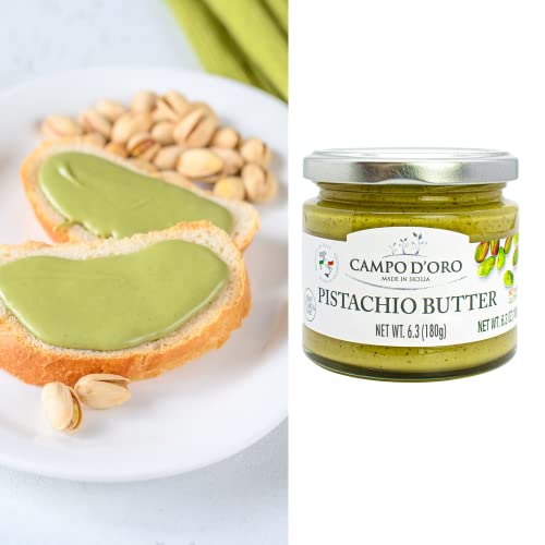 Pistachio Nut Butter, 6.35 oz (180g), Sweet Sicilian Pistachio Cream Spread, Spreadable, Pistachios from Sicily, Italy, No Palm Oil, Campo D'Oro