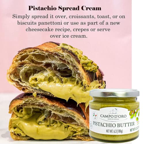 Pistachio Nut Butter, 6.35 oz (180g), Sweet Sicilian Pistachio Cream Spread, Spreadable, Pistachios from Sicily, Italy, No Palm Oil, Campo D'Oro