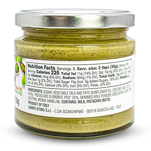 Pistachio Nut Butter, 6.35 oz (180g), Sweet Sicilian Pistachio Cream Spread, Spreadable, Pistachios from Sicily, Italy, No Palm Oil, Campo D'Oro