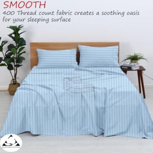 Olympic Queen Cotton Bed Sheets Set-400 Thread Count Cotton Sheets-4 Piece Sheet Set Fits Mattress Upto 12 Inch Deep Pocket Fitted Sheet-66 x 80 Size Sheets-Light Blue Stripe Olympic Queen Size Sheets