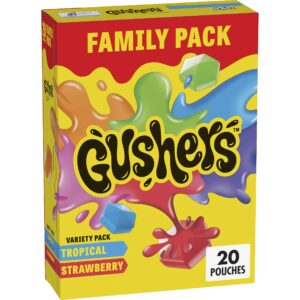 gushers fruit flavored snacks, variety pack, strawberry and tropical, 20 ct