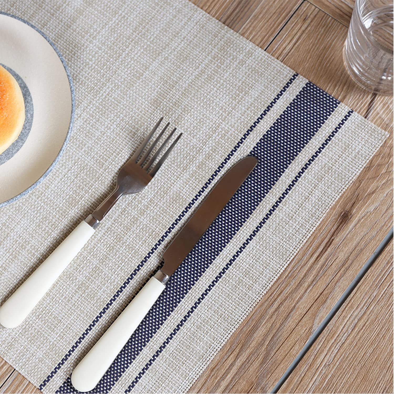 DACHUI Placemats Set of 6, Soft & Elegant Woven Vinyl Place Mats, Water Resistant, Heat Resistant, Washable, Durable Table Mats (Blue Stripes)