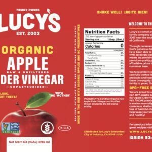 Lucy's Family Owned - USDA Organic NonGMO Raw Apple Cider Vinegar, Unfiltered, Unpasteurized, With the Mother, (Gallon)