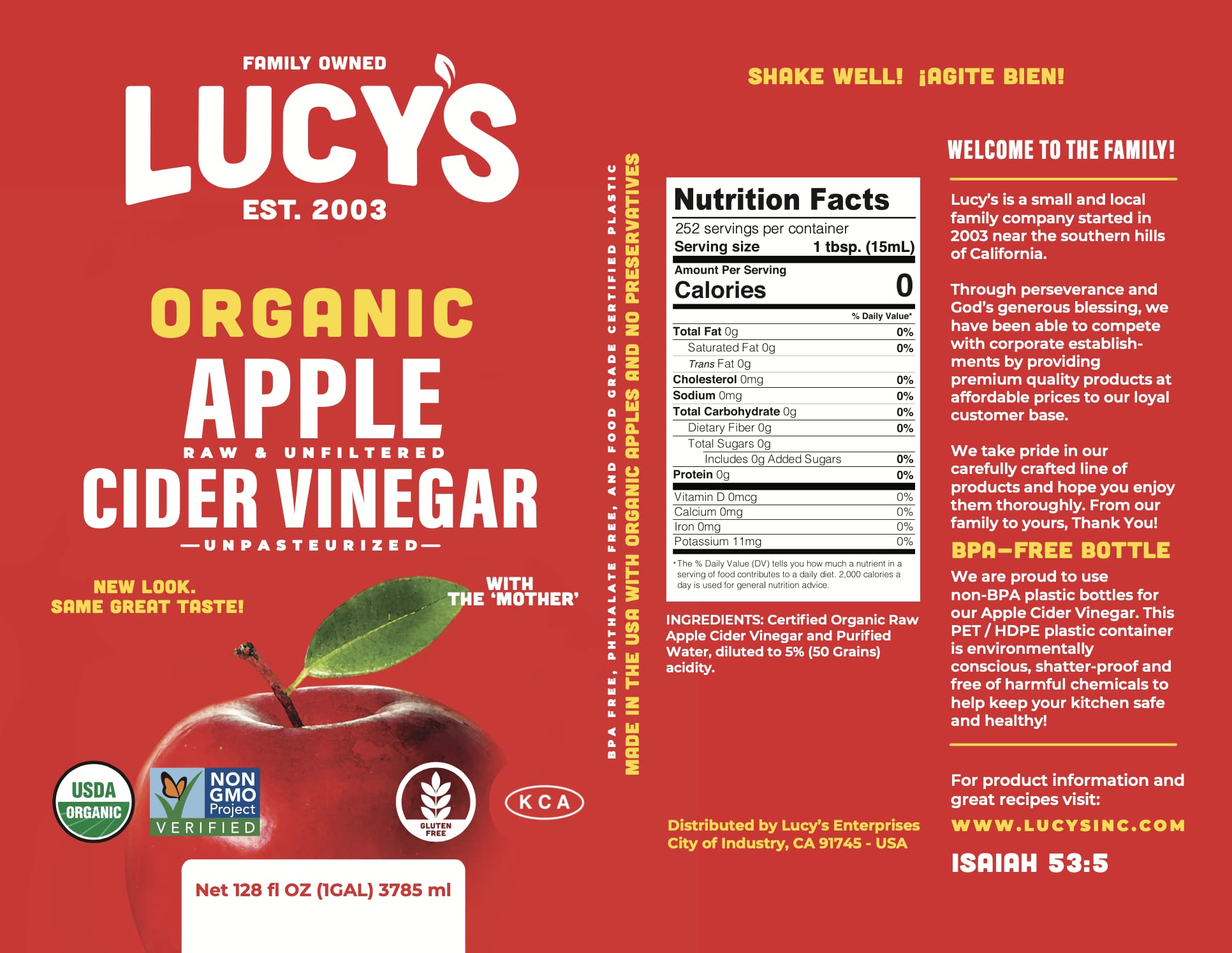 Lucy's Family Owned - USDA Organic NonGMO Raw Apple Cider Vinegar, Unfiltered, Unpasteurized, With the Mother, (Gallon)