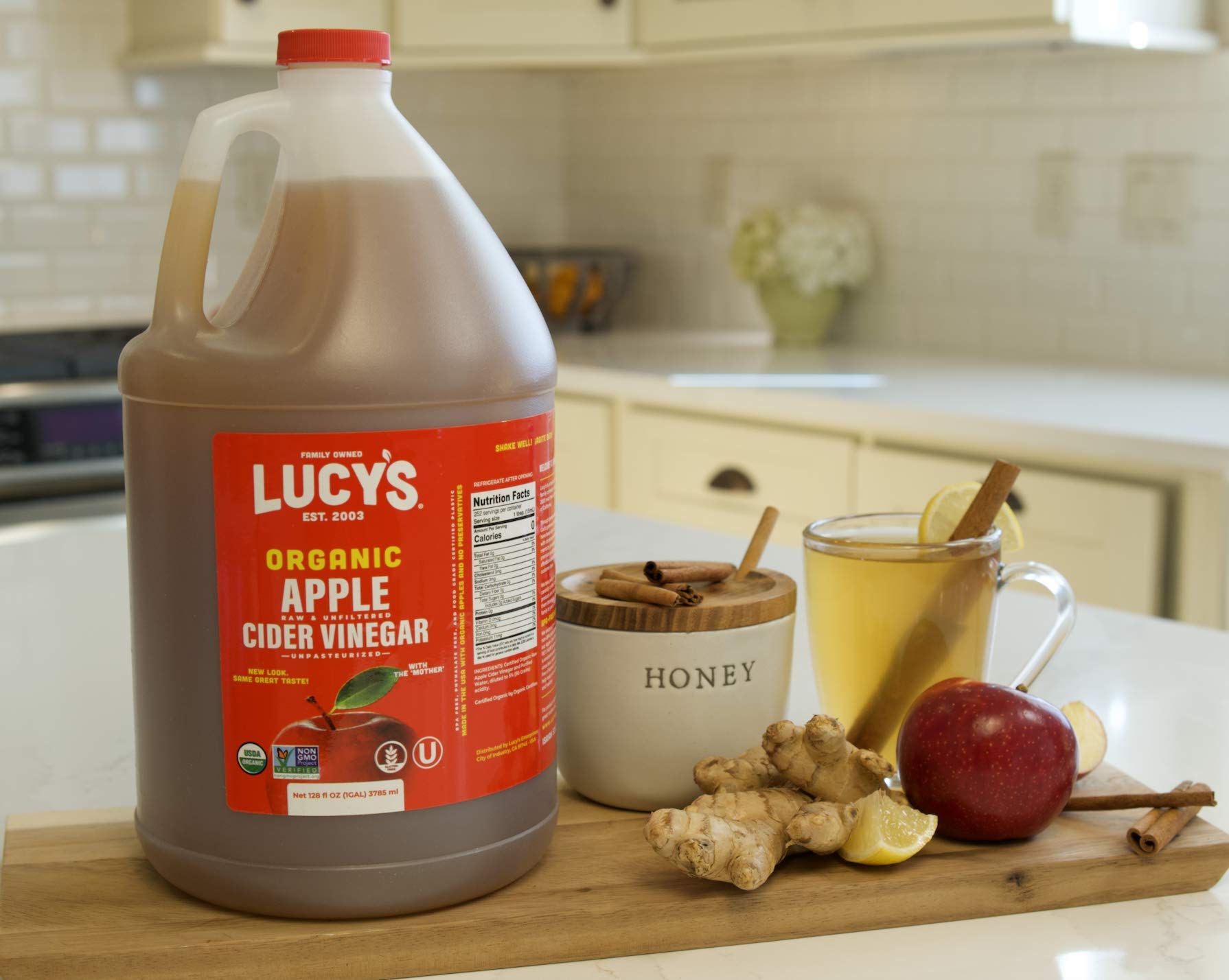 Lucy's Family Owned - USDA Organic NonGMO Raw Apple Cider Vinegar, Unfiltered, Unpasteurized, With the Mother, (Gallon)