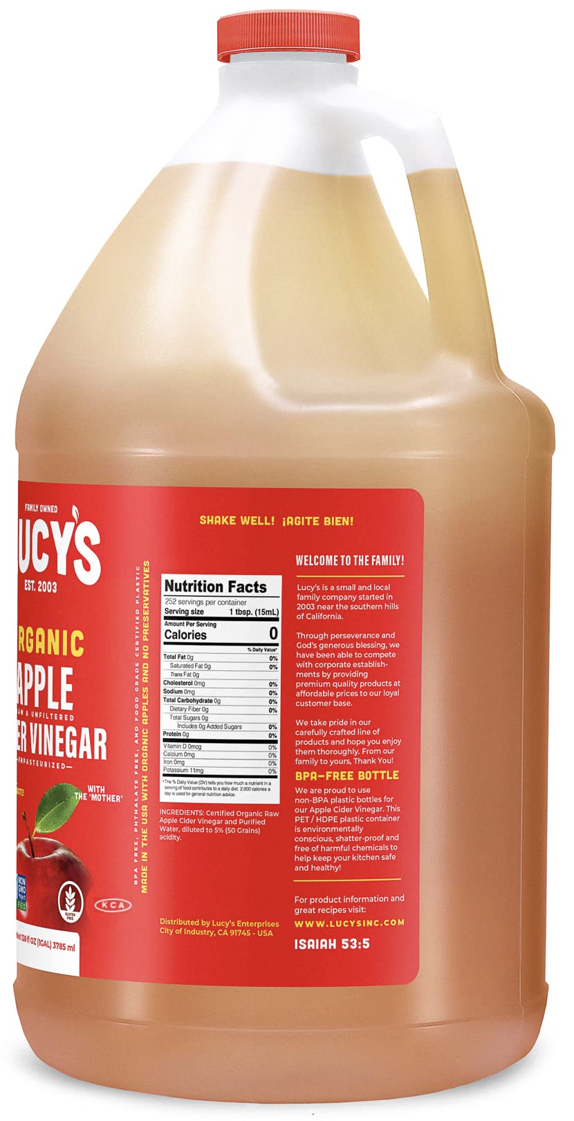 Lucy's Family Owned - USDA Organic NonGMO Raw Apple Cider Vinegar, Unfiltered, Unpasteurized, With the Mother, (Gallon)