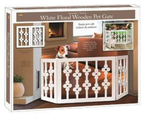 etna white floral wooden pet gate - freestanding foldable adjustable 3-section dog gate. extra wide, keeps pets safe indoors/outdoors - fully assembled