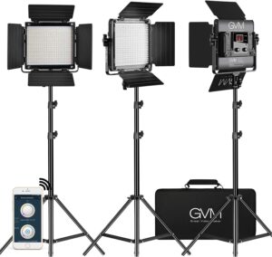 gvm 3 pack led video lighting kits with app control, bi-color variable 2300k~6800k with digital display brightness of 10~100% for video photography, cri97+ tlci97 led video light panel +barndoor