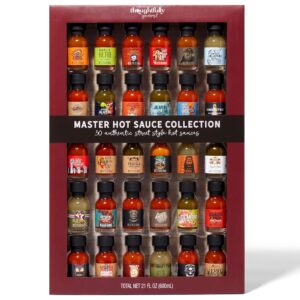 thoughtfully gourmet, master hot sauce collection sampler set, flavors include garlic herb, apple whiskey and more, gift set of 30