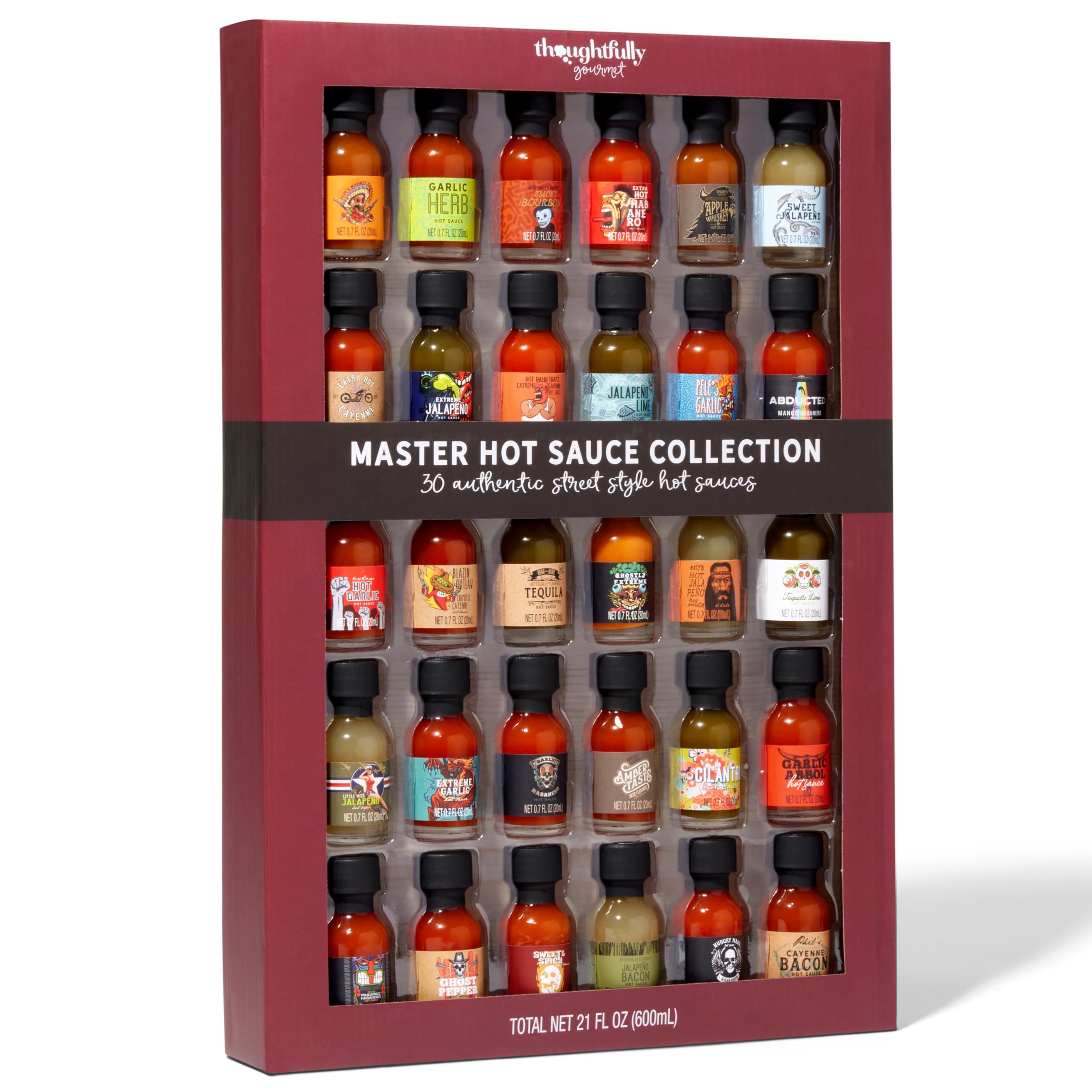 Thoughtfully Gourmet, Master Hot Sauce Collection Sampler Set, Flavors Include Garlic Herb, Apple Whiskey and More, Gift Set of 30