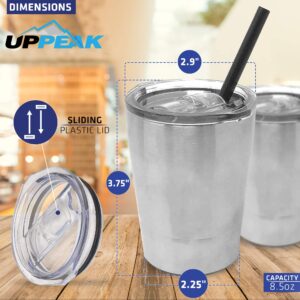 UpPeak 8.5 oz. Stainless Steel Cups with Clear Lids and Plastic Straws, 2 Pack, Double Walled Insulated for Hot and Cold Drinks, Travel Tumblers for Coffee, Cold Brew, Water or Smoothies