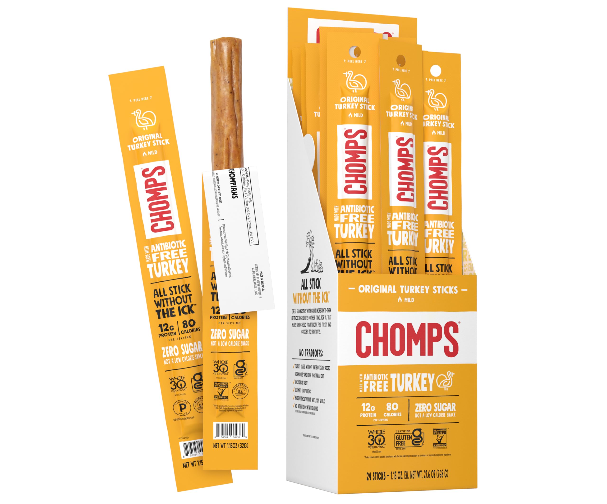 Chomps Free Range Jerky Snack Sticks Keto Paleo Whole30 Approved Gluten Free Sugar Free 60 Calorie Snacks ,1.15 Ounce (Pack of 24)