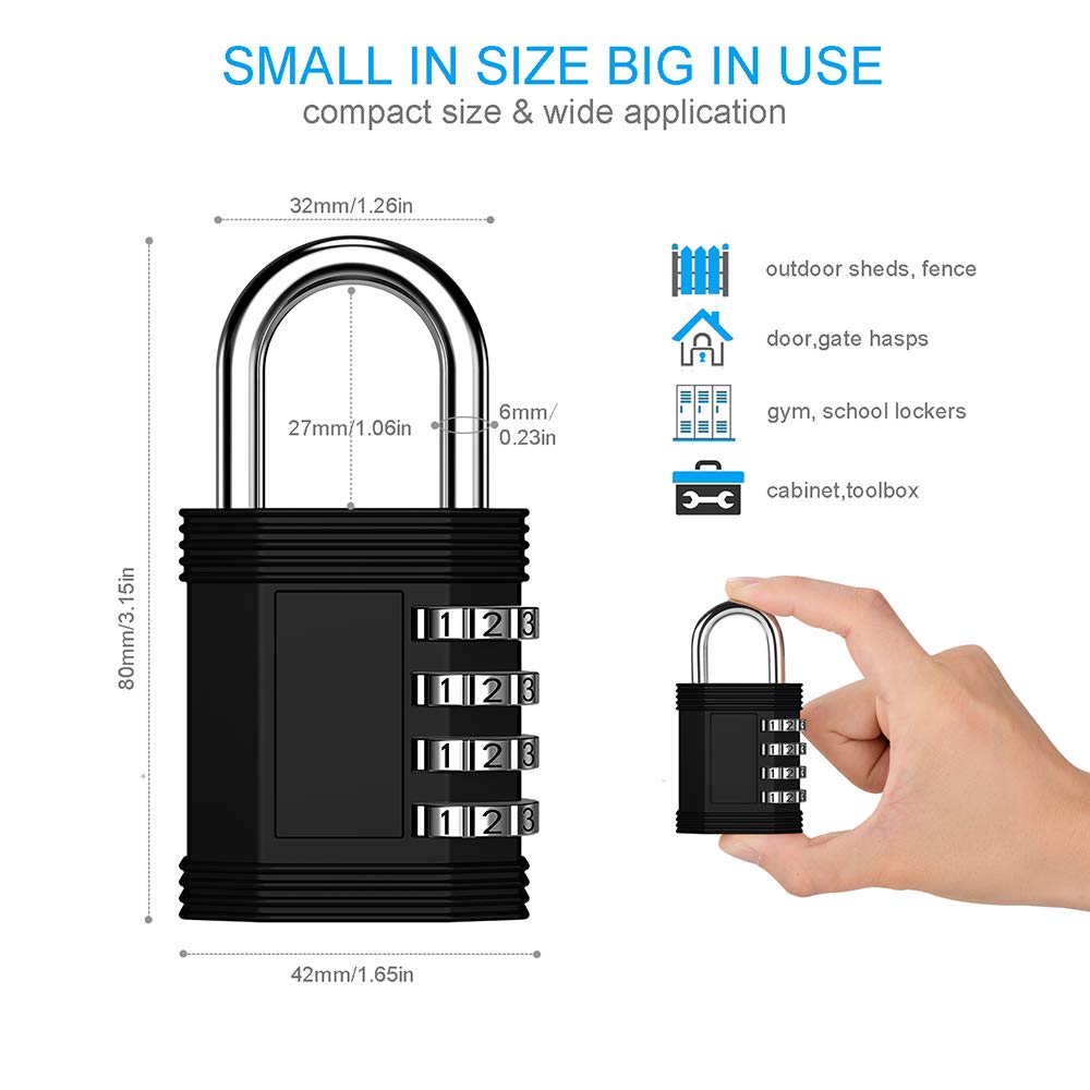 ZHEGE Gym Lock, 4 Digit Combination Lock, Locker Lock and Employee Locker, Hasp and Storage - Easy to Set Your Own Keyless Resettable Number Lock (Black)