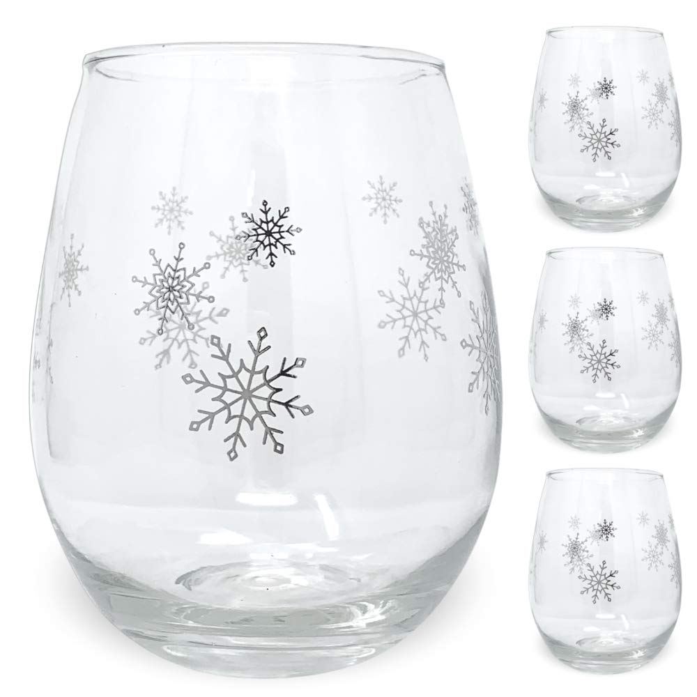 Snowflake Winter Wine Glass Set - Set of 4 Stemless Glasses with Silver Snowflake Designs - 20 oz