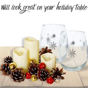 Snowflake Winter Wine Glass Set - Set of 4 Stemless Glasses with Silver Snowflake Designs - 20 oz