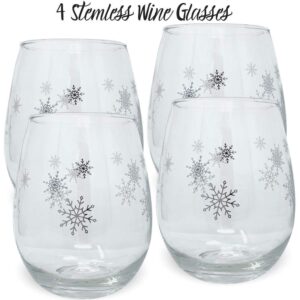 Snowflake Winter Wine Glass Set - Set of 4 Stemless Glasses with Silver Snowflake Designs - 20 oz