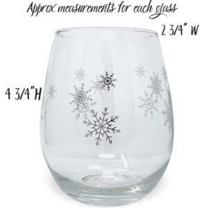 Snowflake Winter Wine Glass Set - Set of 4 Stemless Glasses with Silver Snowflake Designs - 20 oz