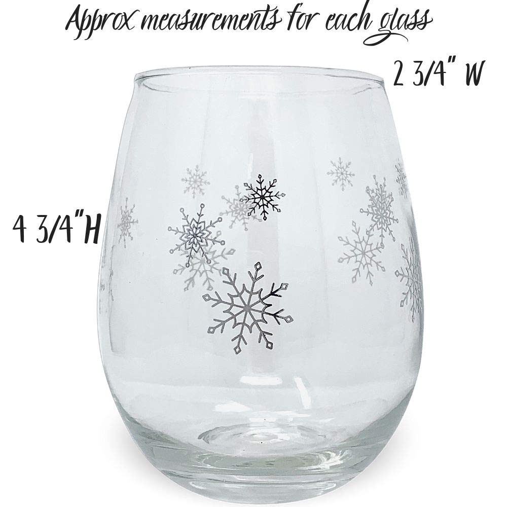 Snowflake Winter Wine Glass Set - Set of 4 Stemless Glasses with Silver Snowflake Designs - 20 oz