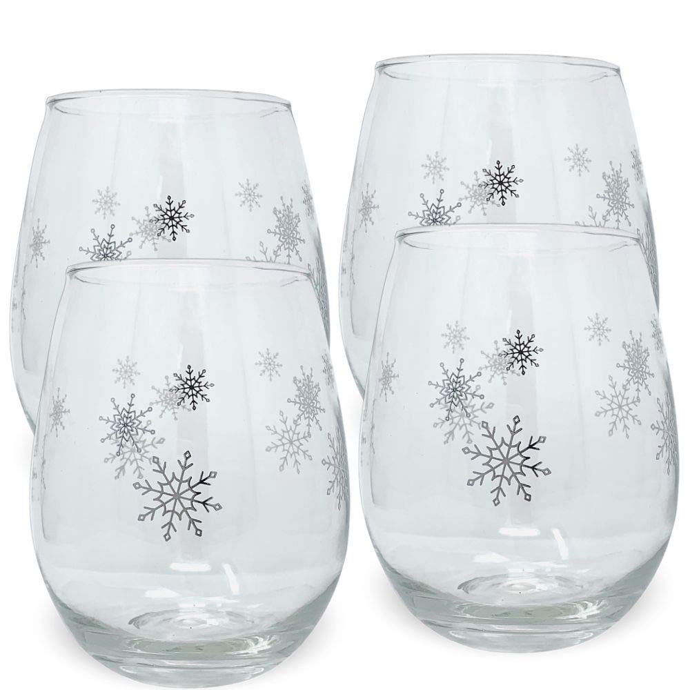 Snowflake Winter Wine Glass Set - Set of 4 Stemless Glasses with Silver Snowflake Designs - 20 oz