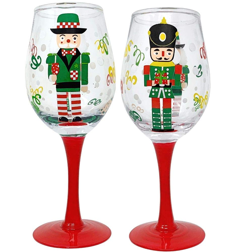 BANBERRY DESIGNS Nutcracker Christmas Wine Glasses - Set of 2 Holiday Toy Soldier Design - Red and Green Festive Xmas Glassware Painted with Stem 14 oz