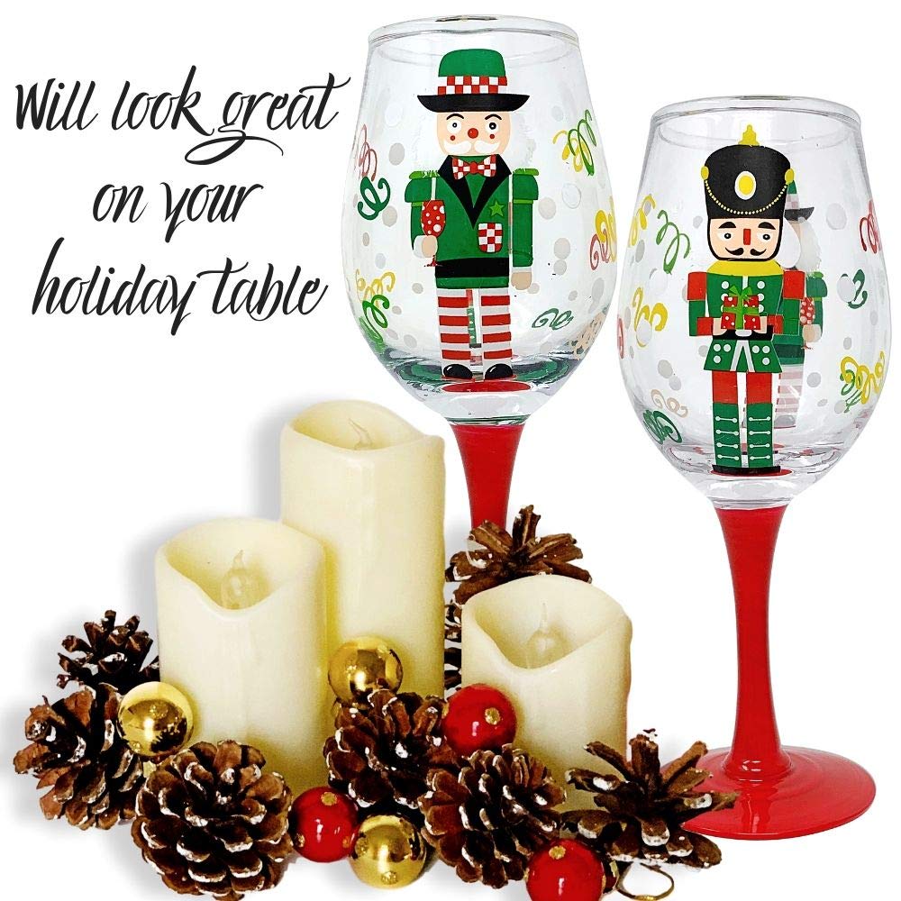 BANBERRY DESIGNS Nutcracker Christmas Wine Glasses - Set of 2 Holiday Toy Soldier Design - Red and Green Festive Xmas Glassware Painted with Stem 14 oz