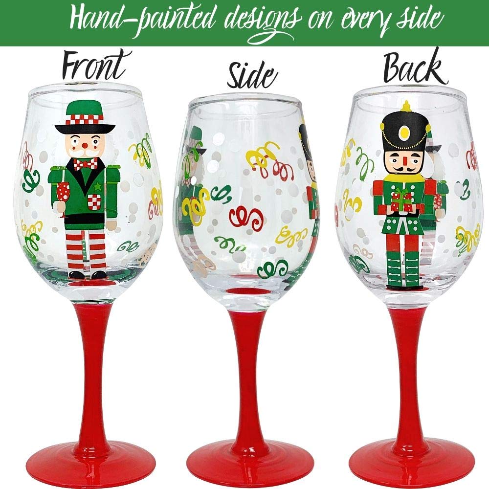 BANBERRY DESIGNS Nutcracker Christmas Wine Glasses - Set of 2 Holiday Toy Soldier Design - Red and Green Festive Xmas Glassware Painted with Stem 14 oz