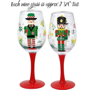 BANBERRY DESIGNS Nutcracker Christmas Wine Glasses - Set of 2 Holiday Toy Soldier Design - Red and Green Festive Xmas Glassware Painted with Stem 14 oz