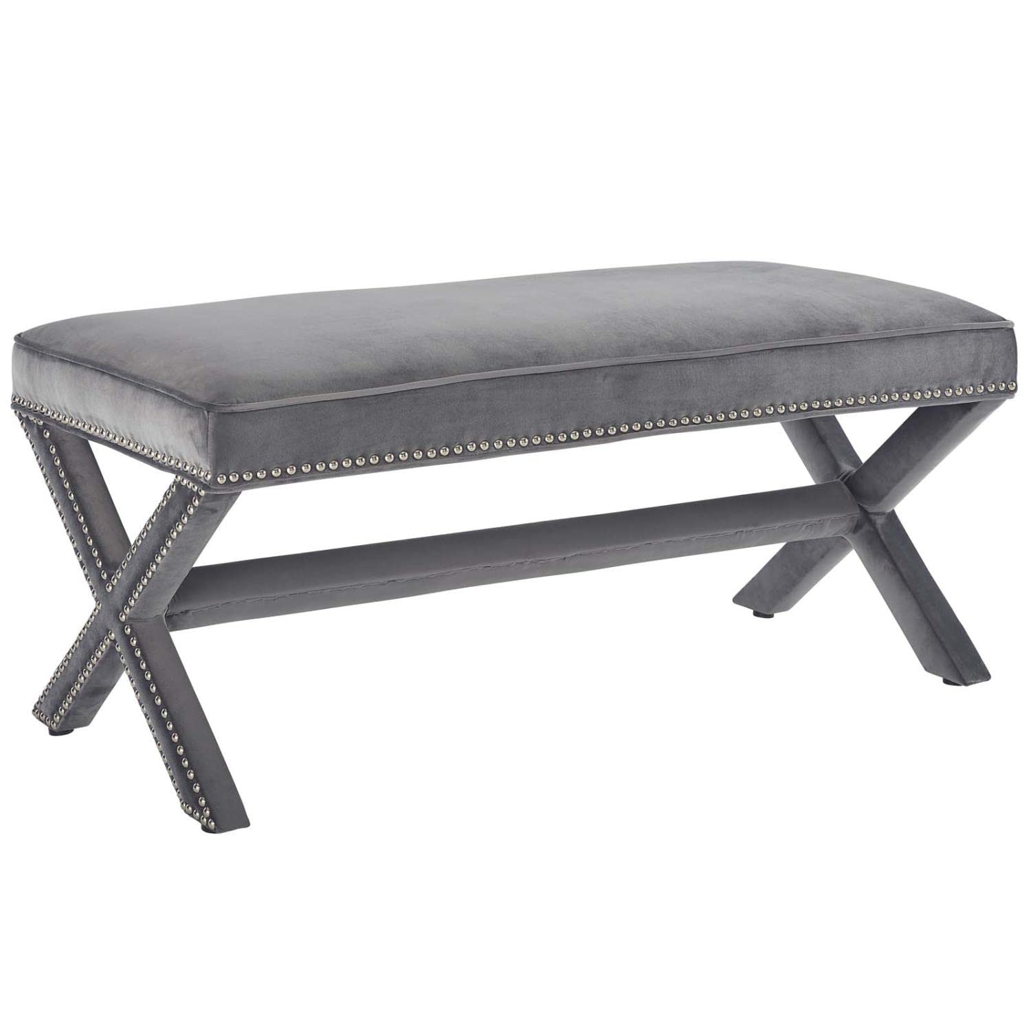 Modway Rivet Contemporary Modern Upholstered Velvet X-Base Accent Bench With Nailhead Trim In Gray