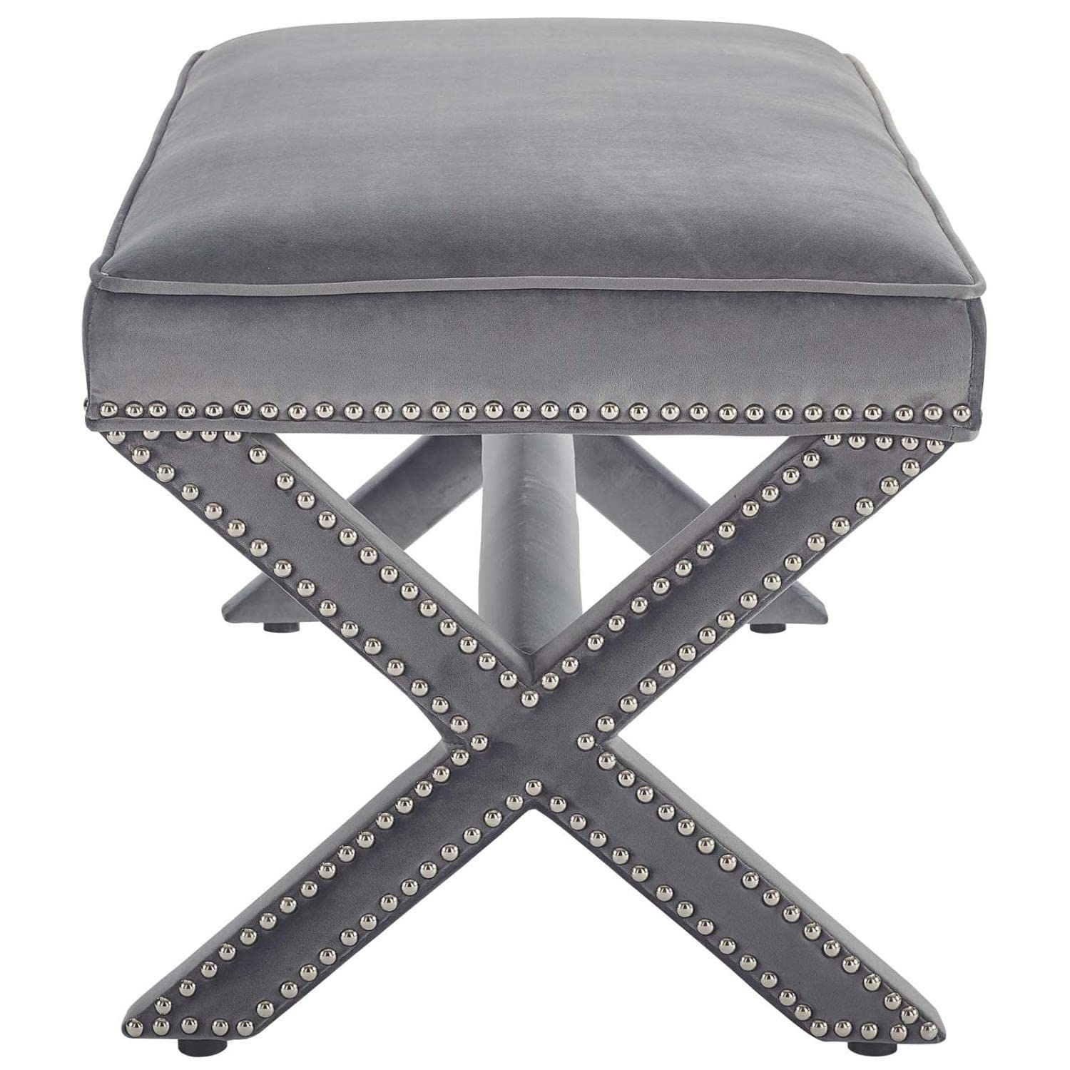 Modway Rivet Contemporary Modern Upholstered Velvet X-Base Accent Bench With Nailhead Trim In Gray