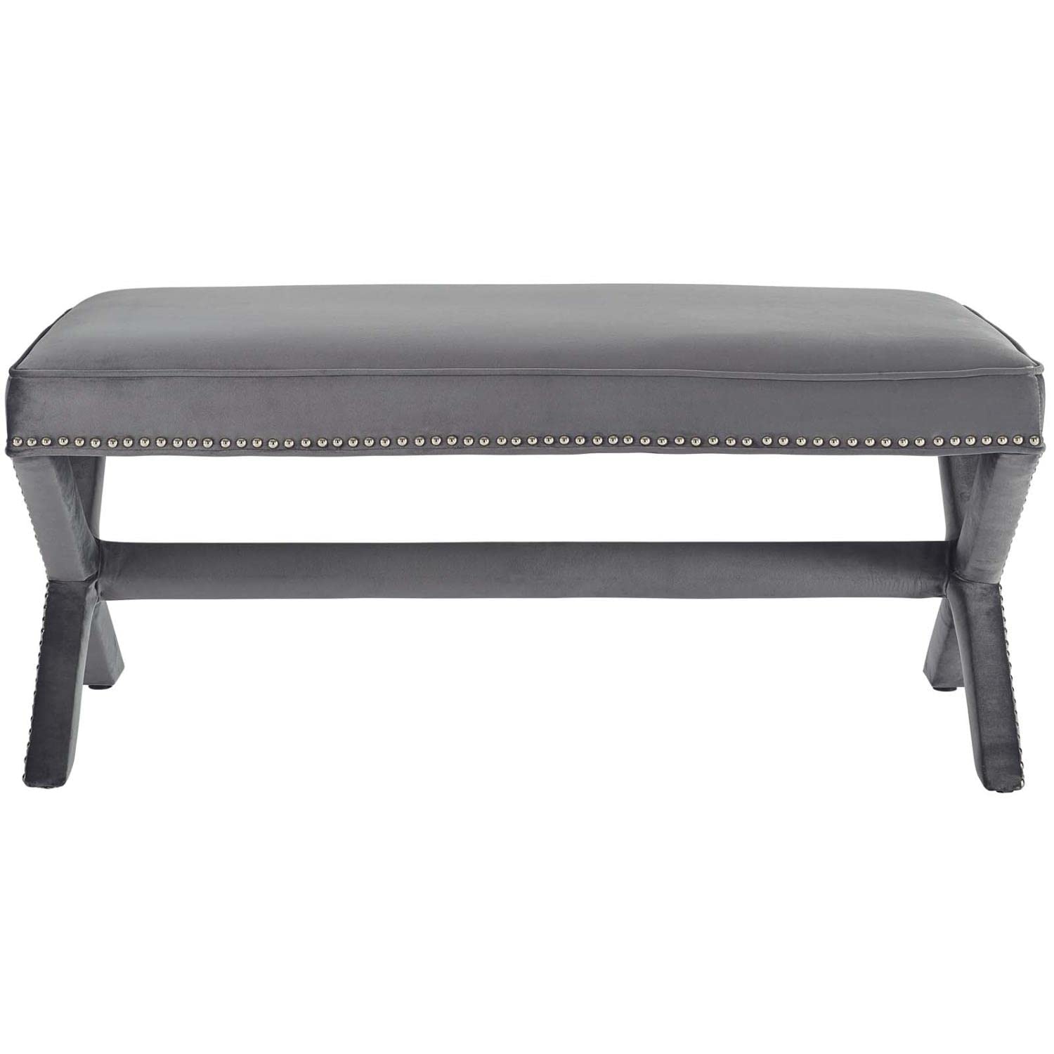 Modway Rivet Contemporary Modern Upholstered Velvet X-Base Accent Bench With Nailhead Trim In Gray