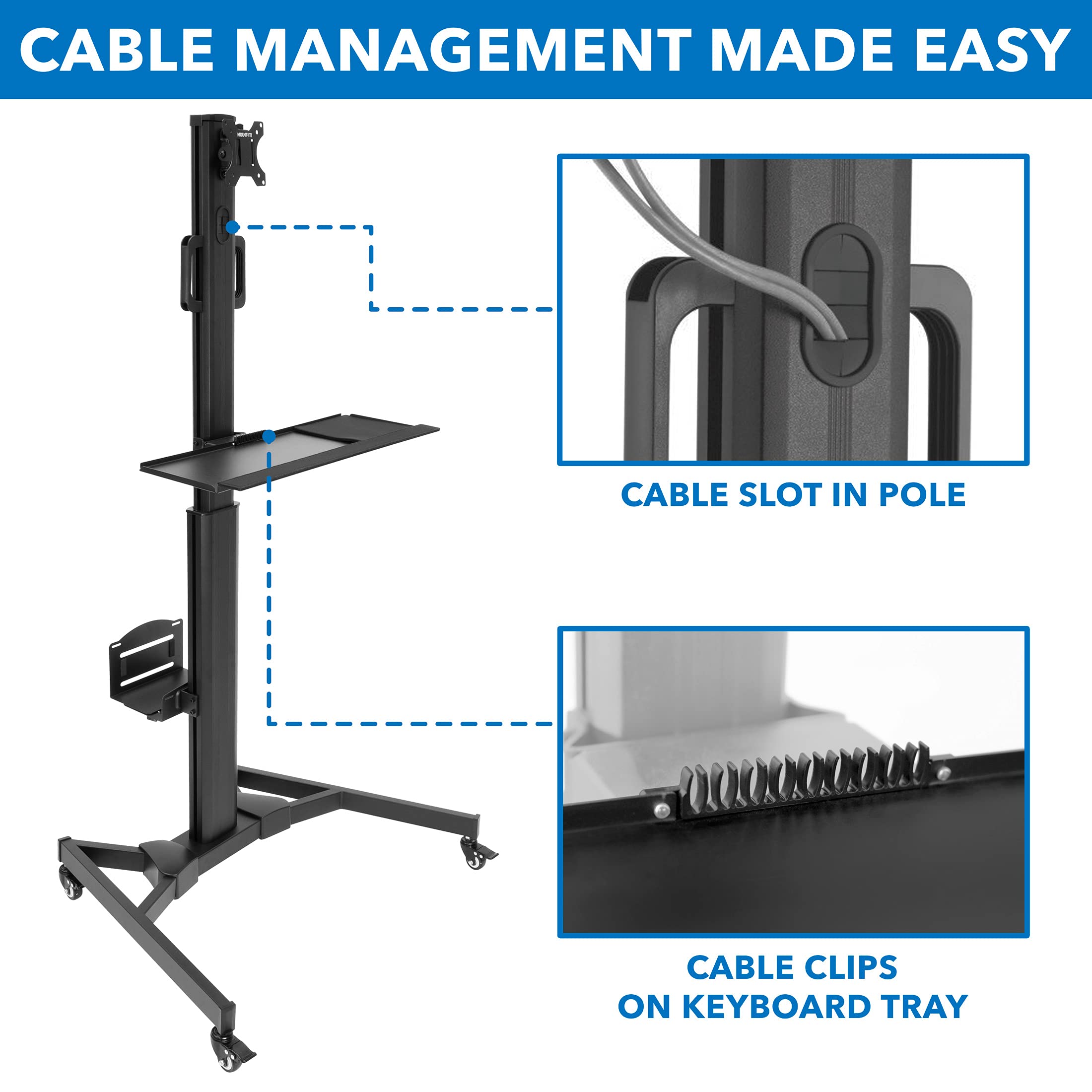 Mount-It! Adjustable Mobile PC Workstation - Up to 32" Monitor Mount Rolling Computer Cart with Wheels, Monitor Stand, Keyboard and CPU Holder for Office, Medical, Hospitals, Home & Classrooms