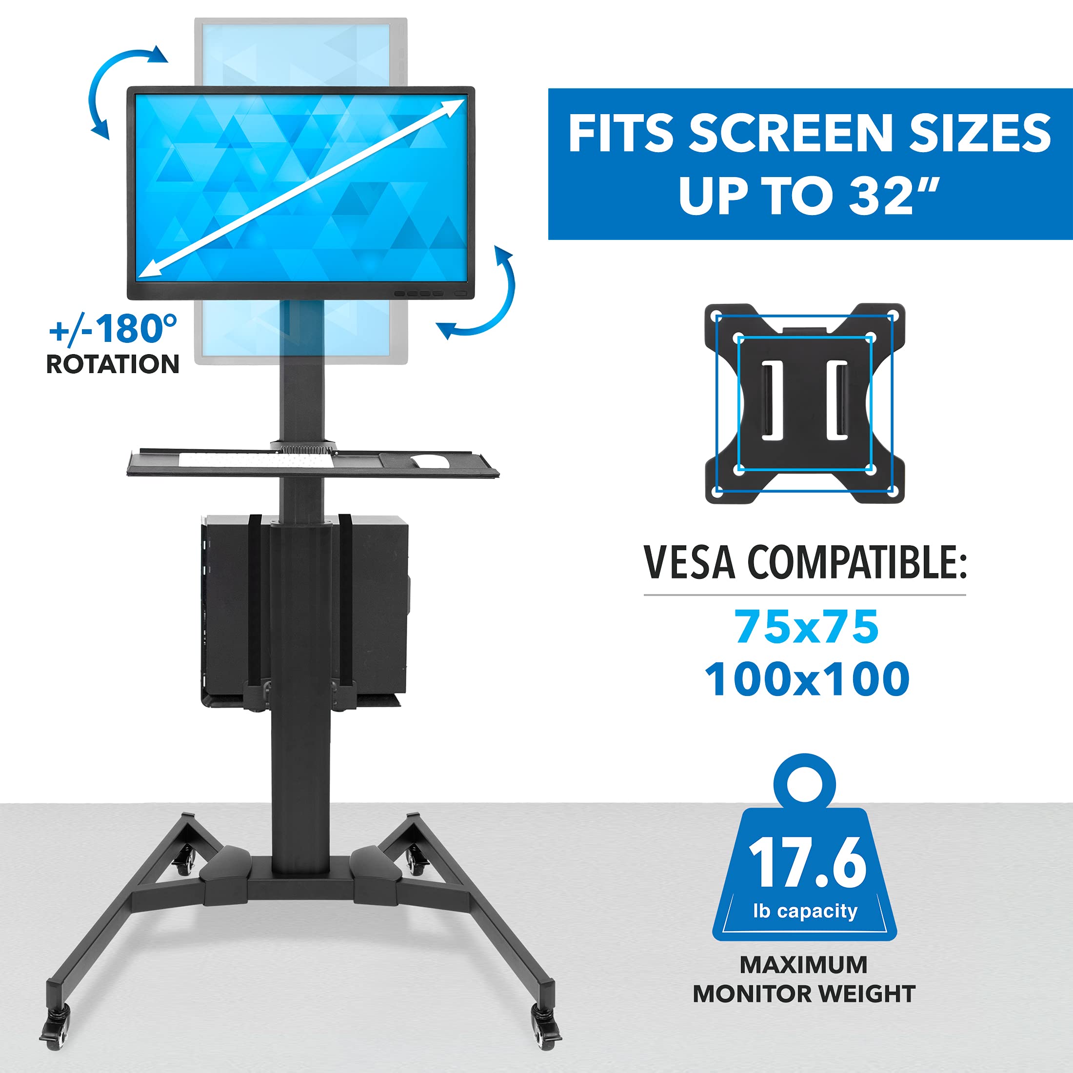 Mount-It! Adjustable Mobile PC Workstation - Up to 32" Monitor Mount Rolling Computer Cart with Wheels, Monitor Stand, Keyboard and CPU Holder for Office, Medical, Hospitals, Home & Classrooms