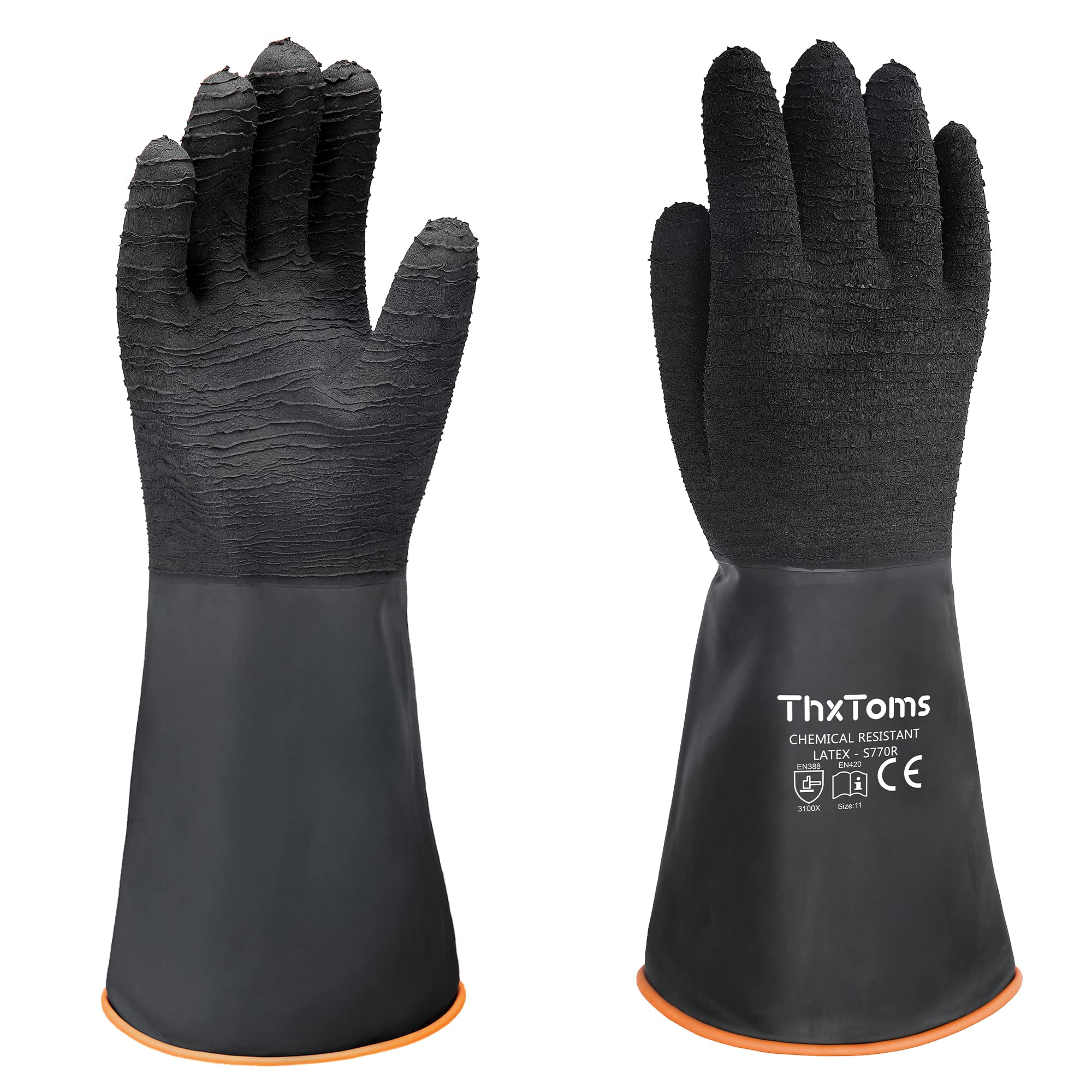 ThxToms Heavy Duty Rubber Gloves, Versatile Latex Chemical Resistant Gloves, Upgraded with Anti-Slip Design, Soft and Thick, 14" 1 Pair