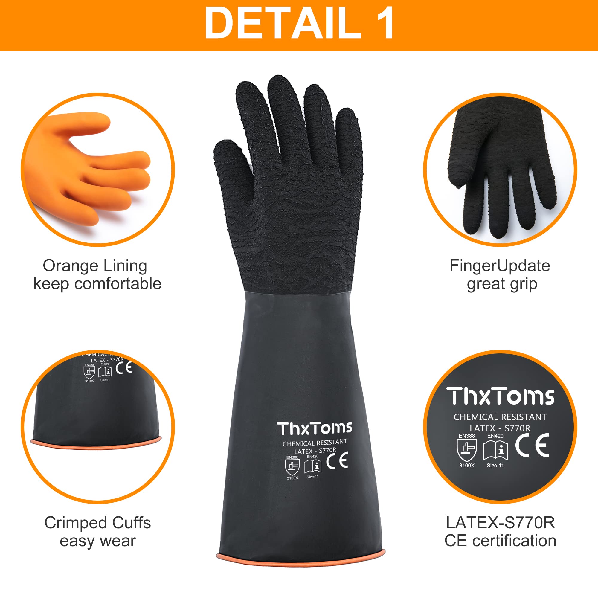 ThxToms Heavy Duty Rubber Gloves, Versatile Latex Chemical Resistant Gloves, Upgraded with Anti-Slip Design, Soft and Thick, 14" 1 Pair