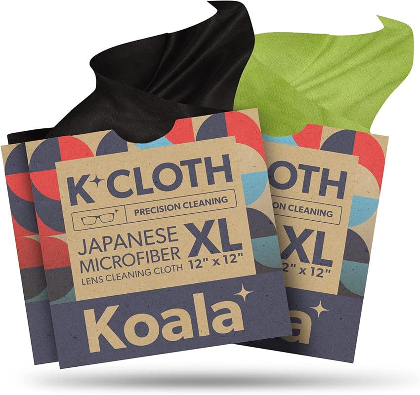 Koala Lens Cleaning Cloth | Japanese Microfiber | Glasses Cleaning Cloths | Eyeglass Lens Cleaner | Eyeglasses, Camera Lens, VR/AR Headset, and Screen Cleaning | Black & Green (Pack of 3)